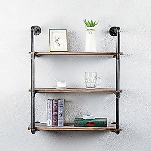 OLDRAINBOW Industrial Pipe Shelving Wall Mounted,Rustic Metal Floating Shelves,Real Wood Book Shelves,Wall Shelf Bookshelf Hanging Wall Shelves Bar Shelving (3-Layer, 30in)