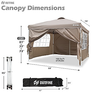 OUTFINE Patio Canopy 10'x10' Pop Up Commercial Instant Gazebo Tent, Outdoor Party Canopies with 4 Removable Sidewalls, Stakes x8, Ropes x4 (Khaki, 10 * 10FT)