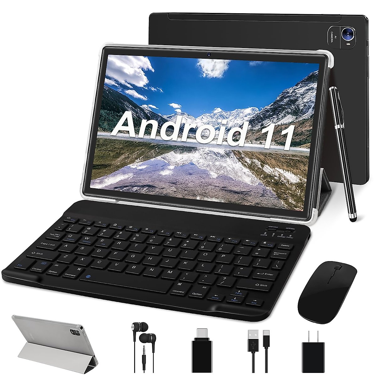 Oangcc 10.1" Android 11 Tablet, 2 in 1 Tablet 4GB RAM 64GB ROM (Up to 128G) Dual Camera Computer Tablet PC with Bluetooth Keyboard | Wireless Mouse | Stylus | Case | and More - Black