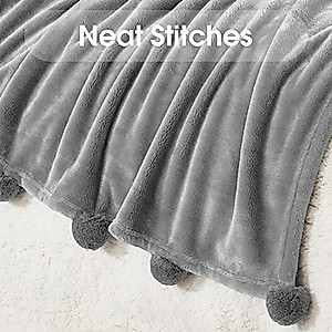 HOMEIDEAS Flannel Fleece Blanket Throw Size with Pompoms Fringe - Lightweight Fuzzy Blanket for All Season - Super Soft for Couch Bed Camping Travel (50x60, Light Grey)