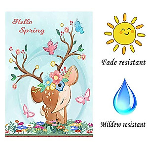 Hello Spring Flag,Spring Garden Flag Double Sided Welcome Burlap Seasonal Elk Spring House Flags 28x40 Inch Summer Yard Signs Outdoor Decor for Homes,Gardens, Patio or Lawn with 2 Grommets