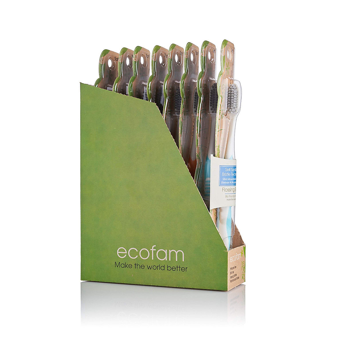 ECOFAM Earth Friendly Compostable Adult Manual Toothbrushes - Silver Infused Soft Bristle Toothbrush (4 Pack) (8 Pack Multi Color)