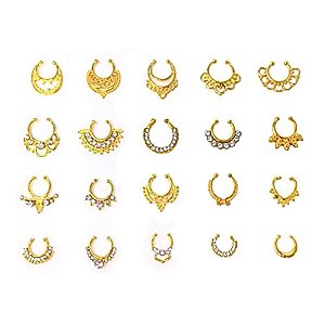 Honbay 20pcs Fake Septum Clicker Nose Ring Rhinestone Non Piercing Hanger Clip Body Jewelry (Gold)