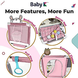 BABY K Baby Playpen with Mat (Pink 71"×47"×26") - Baby Ball Pit Playpen for Babies & Toddlers with Basketball Hoop & Soccer Net - Gated Playyard for Babies and Toddlers for Indoor Or Outdoor