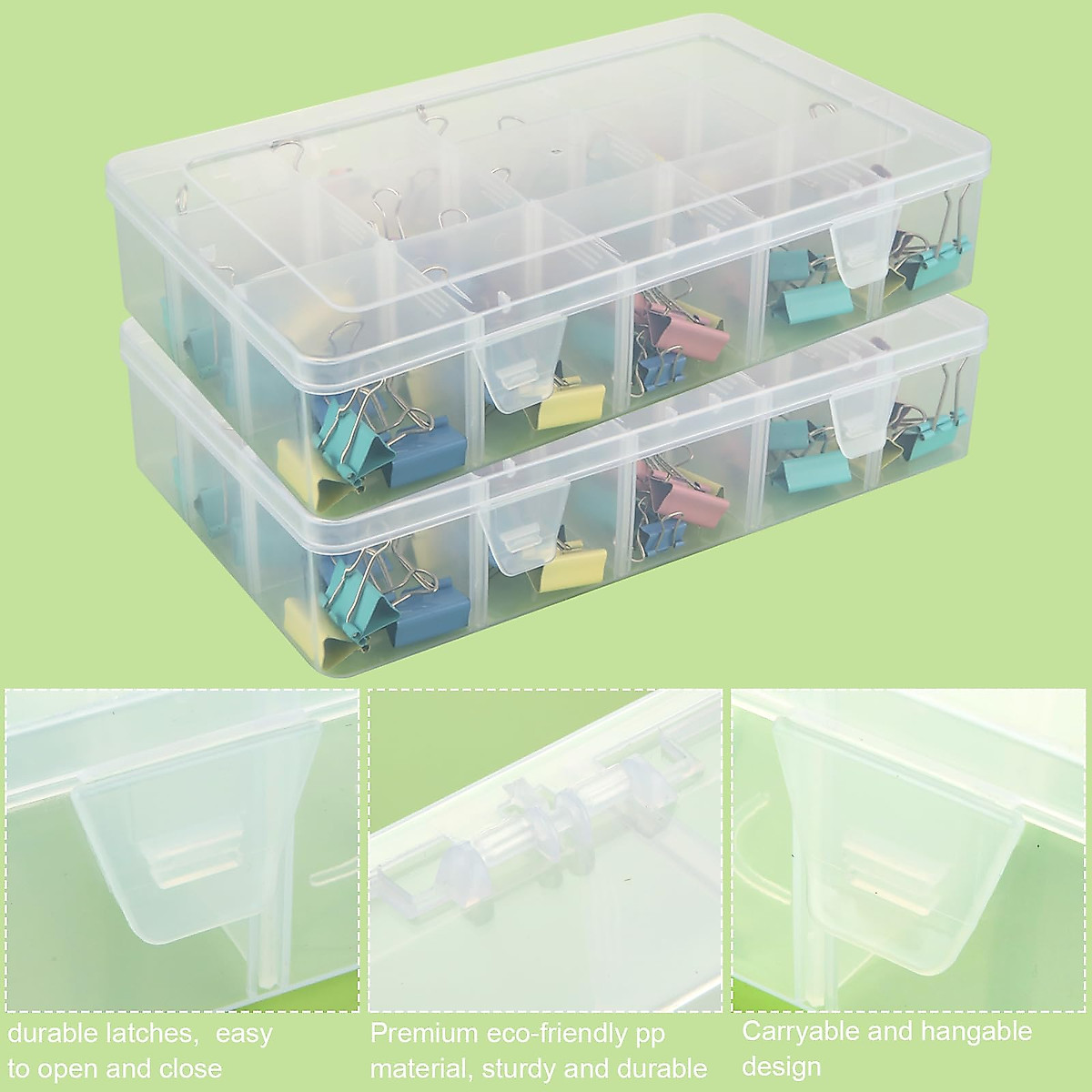 6 Pack Large 15 Grids Plastic Organizer Box with Dividers, 15 Compartment Organizer, Clear Tackle Box Organizers and Craft Storage with Adjustable Removable Divider, Fishing Organizer Box for Art DIY