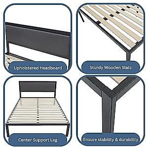 Viscologic Bed Frame, Modern Design with Upholstered Headboard, Metal Frame and Wooden Slat Support, Full