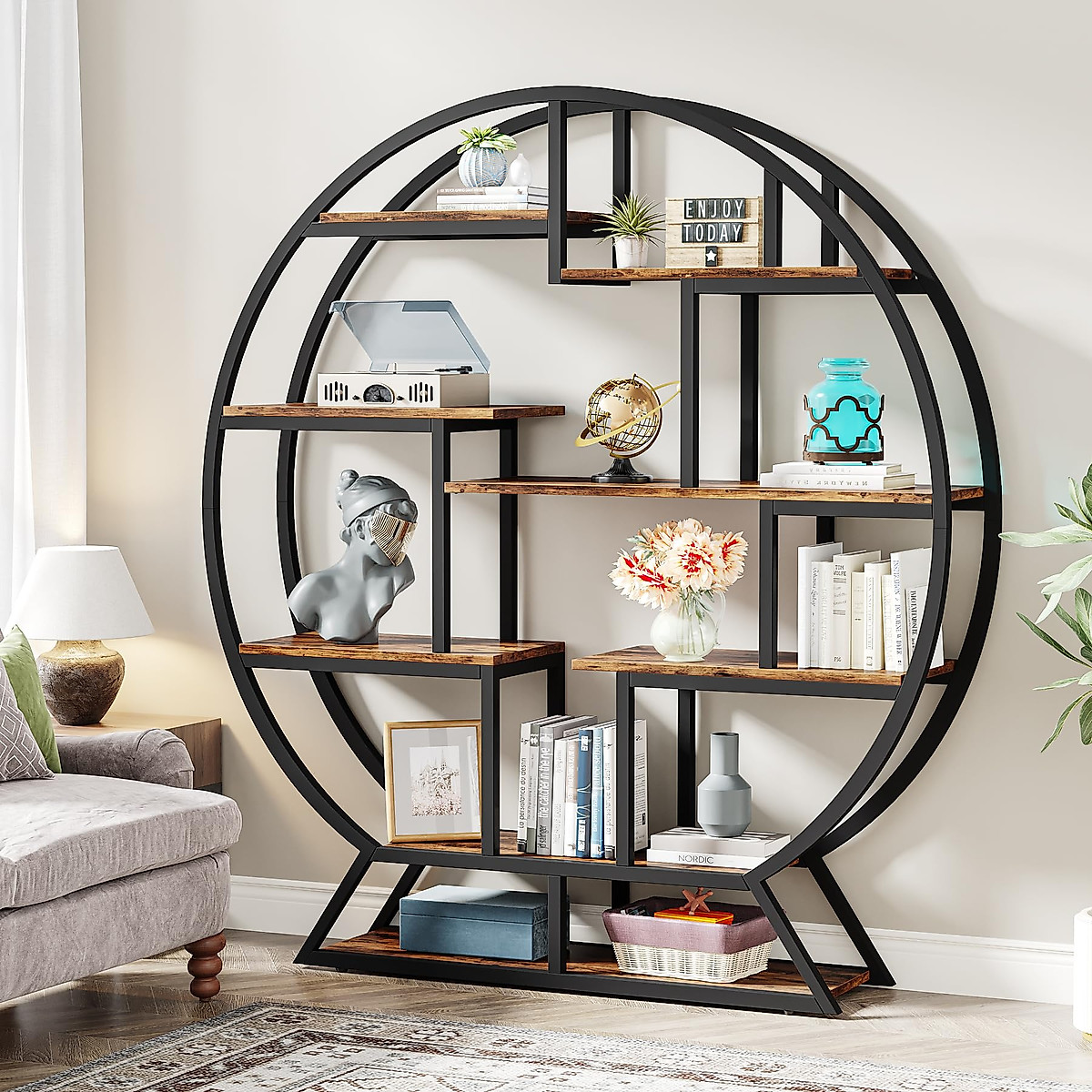 Tribesigns Bookshelf, Round Bookshelves Etagere Bookcase, 63 Inch Industrial Wood Book Shelf with Staggered Shelves, Rustic Open Shelving Organizer Rack Display Shelf for Home Office, Living Room