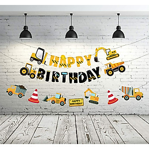 3 Packs Construction Happy Birthday Banner and Vehicle Truck Garland, Construction Party Supplies Decoration Set for Birthday Party, Baby Show