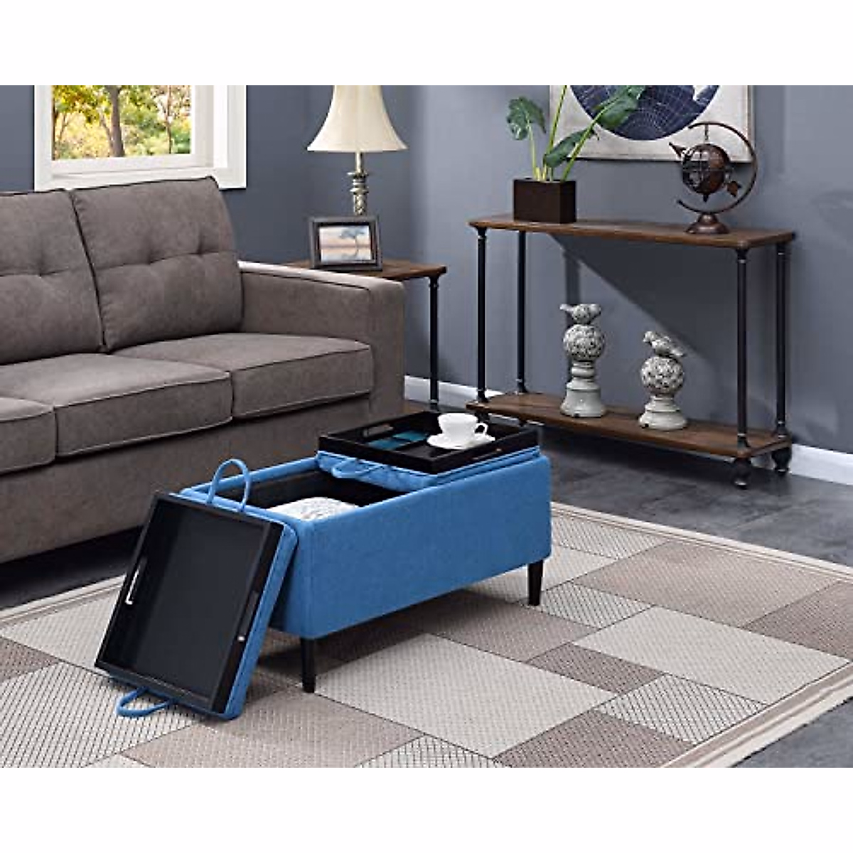 Convenience Concepts Designs4Comfort Magnolia Storage Ottoman with Reversible Trays, Soft Blue Fabric