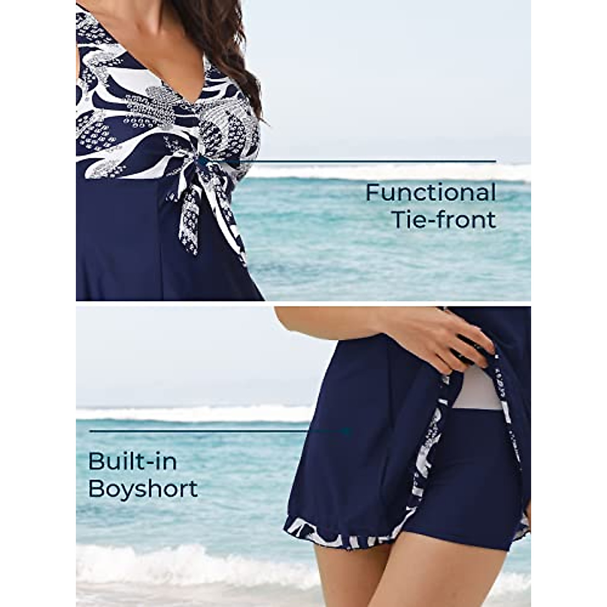 MiYang Women's One Piece High Waist Padded Swim Dress, Navy Flower, Tag Size XL=S (US 4-6)