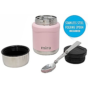 MIRA Thermos for Hot Food & Soup - 15 oz Insulated Food Jar with Foldable Spoon - Leak Proof Stainless Steel Thermal Storage Lunch Container, Canteen, Double Walled, Pink
