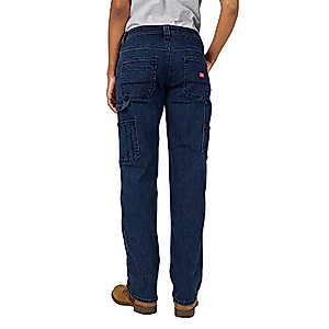 Dickies Women's Denim Straight Carpenter Pant, Dark Stone Wash, 14 RG