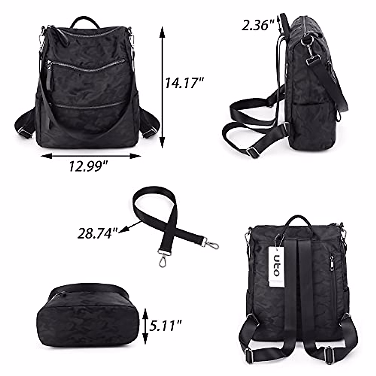 UTO Camo Waterproof Backpack for Women Durable Nylon Multipurpose Roomy Multi pockets Travel Business Shoulder Bag New Camo Black