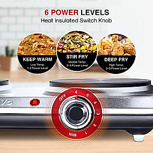 SUNAVO Hot Plates for Cooking, 1800W Electric Double Burner with Handles, 6 Power Levels Stainless Steel Hot Plate for Kitchen Camping RV Cast Iron