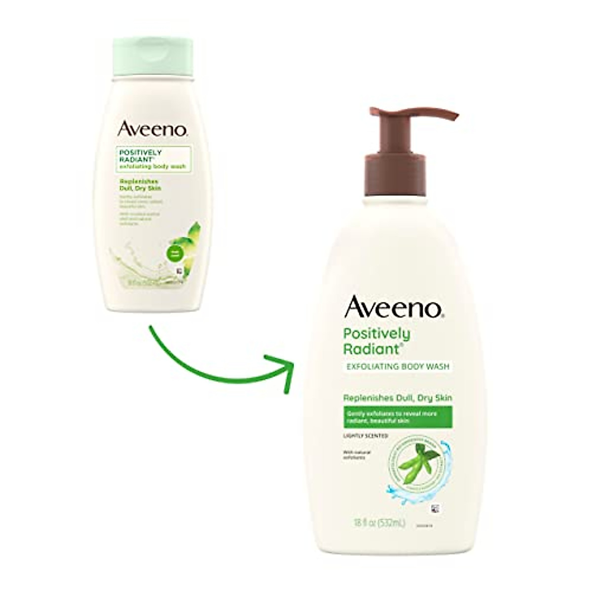 Aveeno Positively Radiant Exfoliating Body Wash with MoistureRich Soy Complex Crushed Walnut Shell for Dry, Dull Skin, SoapFree, DyeFree Hypoallergenic Formula 18 fl, 54 Fl Oz, (Pack of 3)
