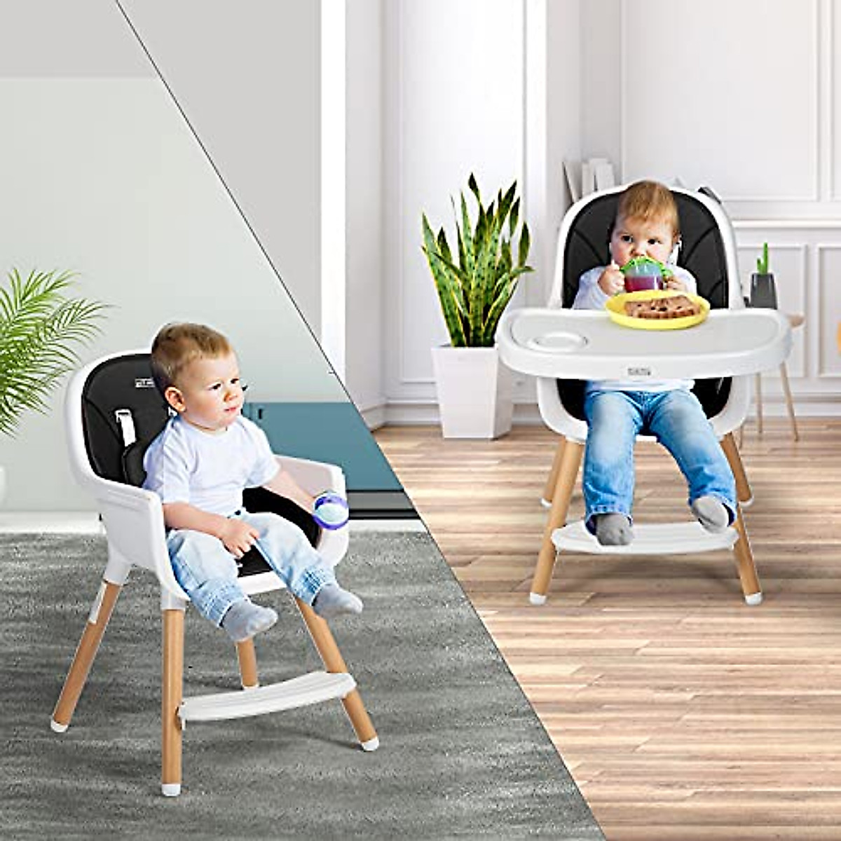 Kinder King 3 in 1 Convertible Baby High Chair, Wooden Highchair w/Double Removable Tray, Infant Feeding Chair-Toddler Chair, Adjustable Legs, Detachable Footrest & PU Cushion, 5-Point Harness, Black