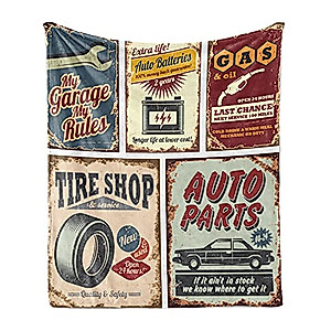 Lunarable 1950s Throw Blanket, Vintage Car Signs Automobile Advertising Repair Vehicle Garage Classics Servicing, Flannel Fleece Accent Piece Soft Couch Cover for Adults, 70" x 90", Burgundy