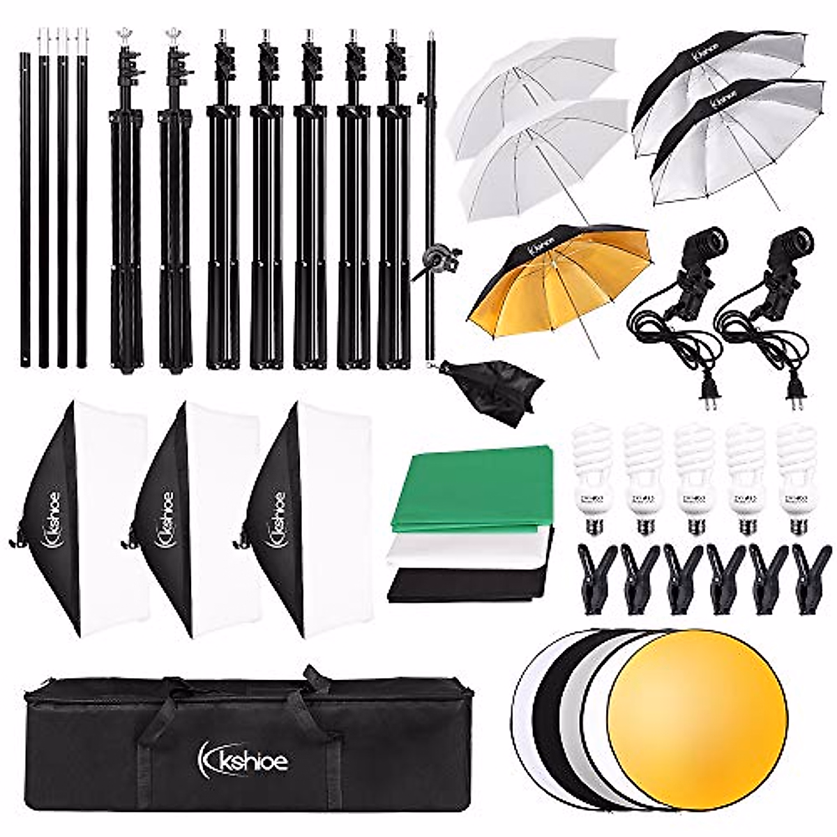 Kshioe Photography Lighting Kit, 6.5x10feet/2x3m Backdrops Stand Support System, 5 in 1 reflectors, 1600w 5500k Umbrellas Softbox Continuous Lighting Kit for Portrait, Product and Video Shooting