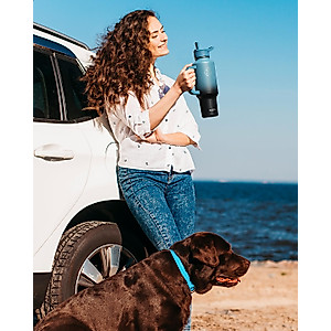 BUZIO 40oz Water Bottle Fits in Cup Holder, Stainless Steel Insulated Tumbler with Handle and Straw, Double Wall Tumbler Cup with Lid, Leak-proof BPA-Free Vacuum Travel Flask Keeps Cold, Indigo Crush