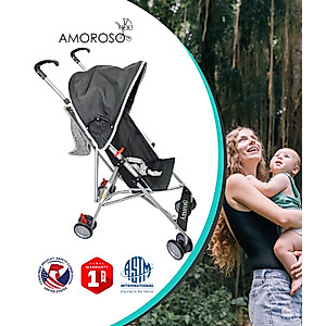 AmorosO Single Umbrella Stroller for Toddler, Travel Stroller for Babies - Sunlight and Light Rain Protection - Baby Stroller with Four EVA Wheels - Travel-Ready Stroller - Round Canopy (Black/White)
