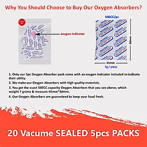 500cc (100 PCS – 5 Pcs Packs * 20 sets ) Food Grade Oxygen Absorbers for Food Storage use for Vacuum Seal or Mylar Bag Food Storage Keep Food Fresh Anti Oxygen Absorbing Packets (500cc)
