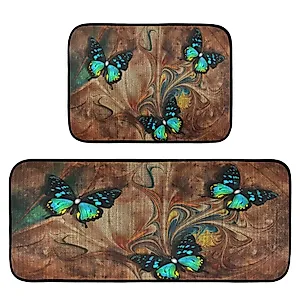 Blue Butterfly Brown Background Kitchen Mats and Rugs Set of 2 Cushioned Anti Fatigue Comfort Waterproof Runner Carpets for House,Sink,Office,Kitchen