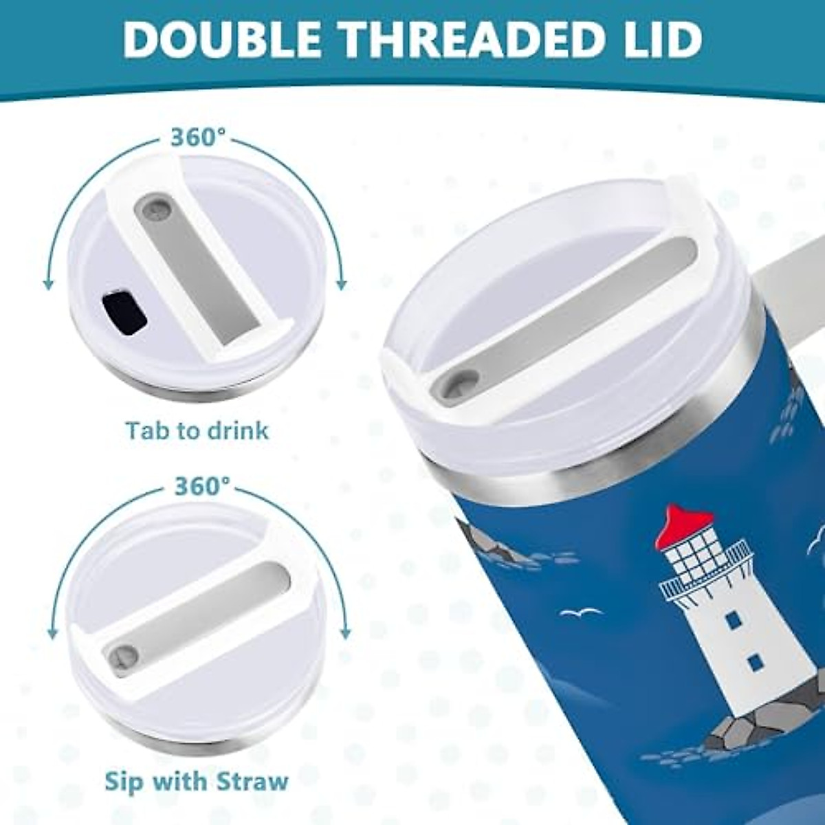 RPLIFE Whimsical Sweet Lighthouse Blue Coffee Tumbler with Handle, Stainless Steel Coffee Tumbler, Cups with Lids