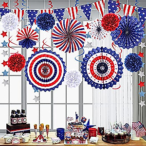 46pcs 4th of July Patriotic Decorations - Fourth of July Decor American Flag Party Supplies - USA Flag Pennant, Red White Blue Paper Fans, Cupcake Toppers, Star Streamer, Hanging Swirls Party Decor