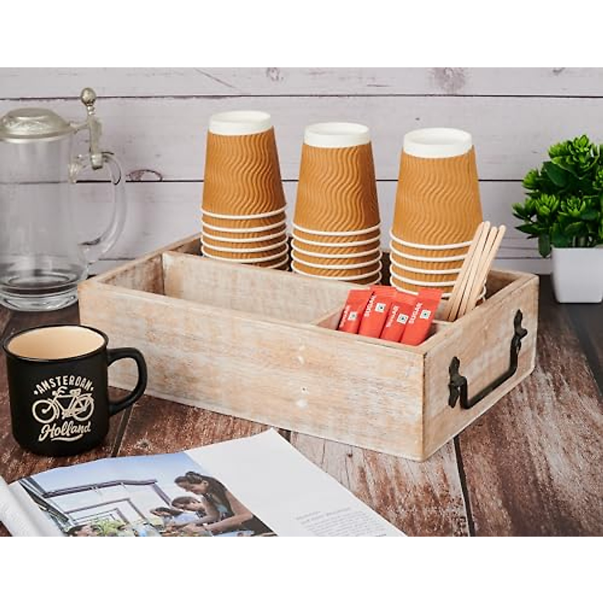 Eximious India Coffee Station Organizer, Bar Farmhouse Cup Coffee Pod Holder with Handle, Storage Bin for Coffee Tea Bag Stirrer Accessories Organizer for Countertop (White)