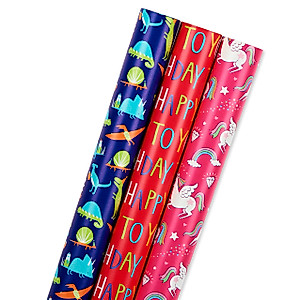 American Greetings Reversible Birthday Wrapping Paper for Kids, Dinosaurs and Unicorns (3 Rolls, 120 sq. ft)