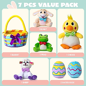 JOYIN 7 PCS Basket for Easter Stuffed Plush Playset for Baby Kids Easter Theme Party Favor, Easter Eggs Hunt, Basket Stuffers Fillers, Party Supplies Decorations