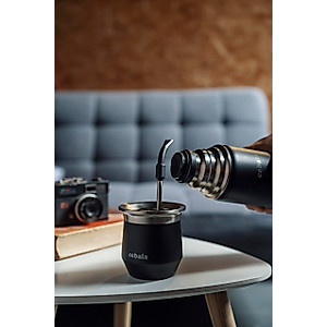 Cebala Yerba Mate Natural Gourd/Tea Cup Set (Original Mate Cup) PREMIUM QUALITY | Includes 2 Bombillas (Yerba Mate Straws to Use) & Silicon Cup & Cleaning Brush | Stainless Steel (Black)