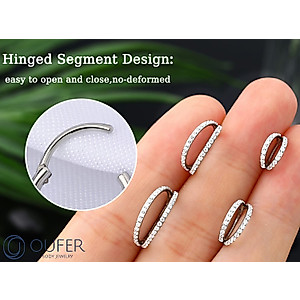 OUFER Nose Rings Hoops, 20G G23 Solid Titanium Nose Piercings, Double Row Diamonds Hoop Nose Ring, Double Nose Ring for Single Piercing, Conch Helix Daith Lip Piercing Jewelry-Silver 8MM