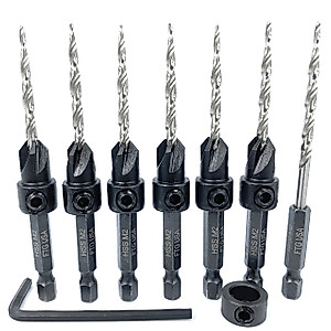 FTG USA Countersink Drill Bit Set 6 Pc #6 (9/64") with 13 Pc Replacement Countersink Drill Bit #6 (9/64") Pro Pack Countersink Set, Tapered Countersink Bit, 1 Stop Collar, 2 Hex Wrench