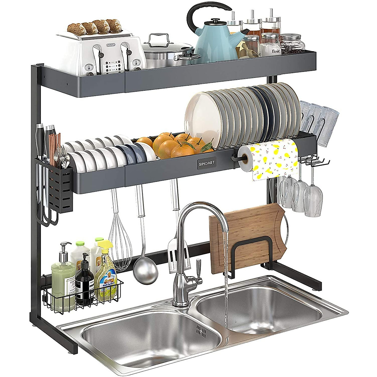 Expandable Dish Drainer Over The Sink, 2-Tier Dish Drying Rack with Cutlery Drainer,Stainless Steel…