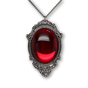 Blood Red Cabochon in Silver Finish Pewter Frame Pendant Necklace