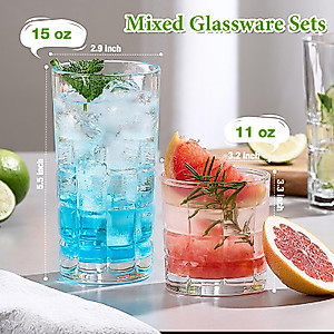 Bulk Drinking Glasses Set of 12, Clear Glass Cups, Mixed Glassware Sets, 15 OZ Large Highball Water Glasses & 11 OZ Rock Glasses, Tumbler Drinkware Kitchen for Cocktail Iced Coffee Beer Tea Whiskey