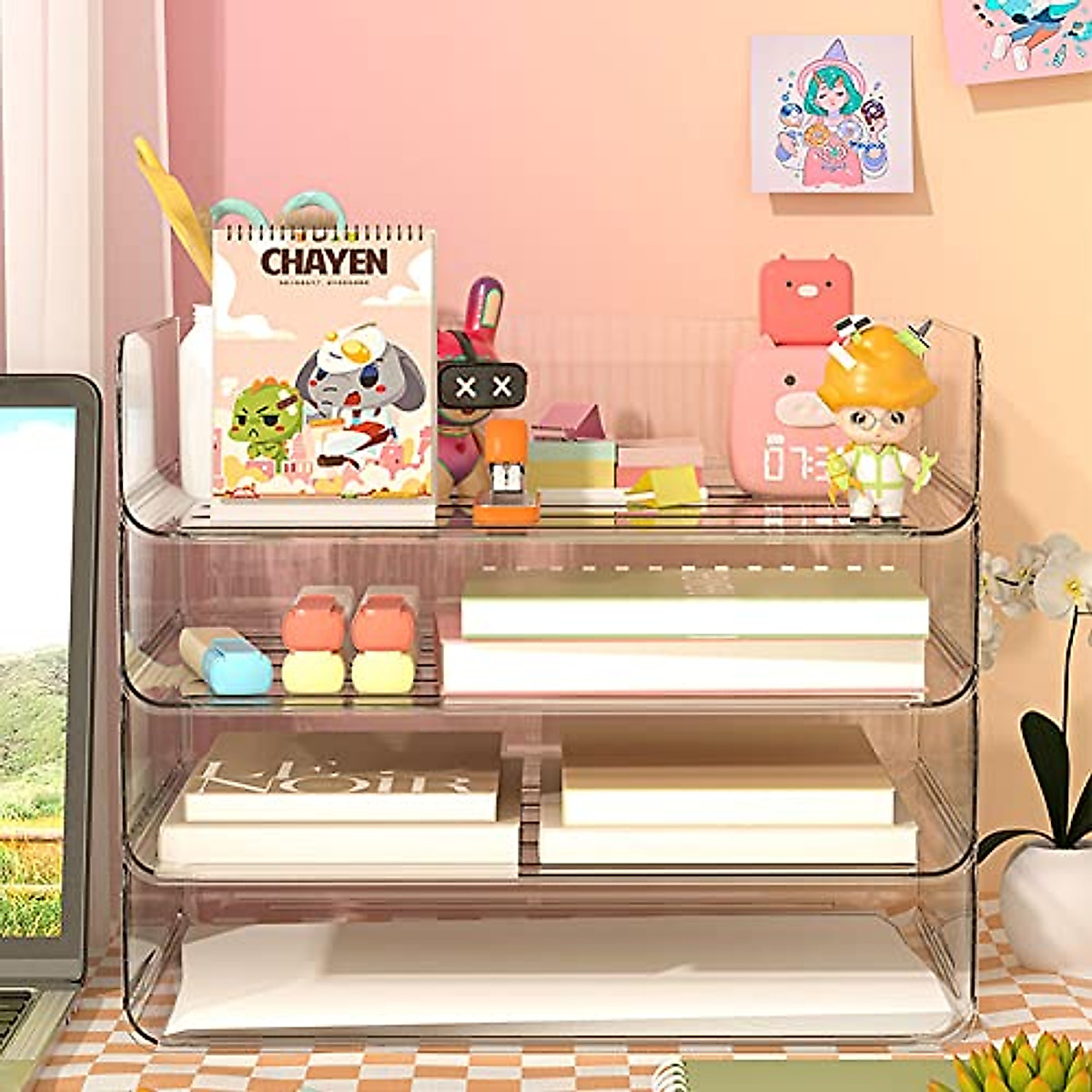 Wemfg File Organizer, Clear Stackable Desk Organizers and Accessories Tray Set, PET Letter Tray Paper Tray, A4 Size Office Desktop File Paper Holder Book Storage Rack (4 Pack x Landscape)