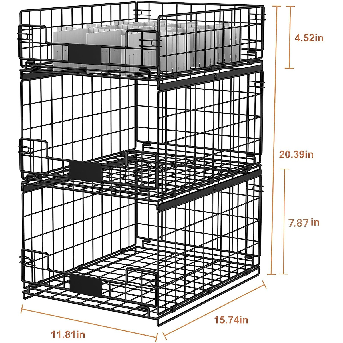 3 Pack Sliding Closet Organizers and Storage, Stackable Closet Storage Shelves, Pull Out Clothes Storage Organizer Baskets/Containers/Drawers with Dividers for Wardrobe (Black-Sturdy Wire Metal Frame)