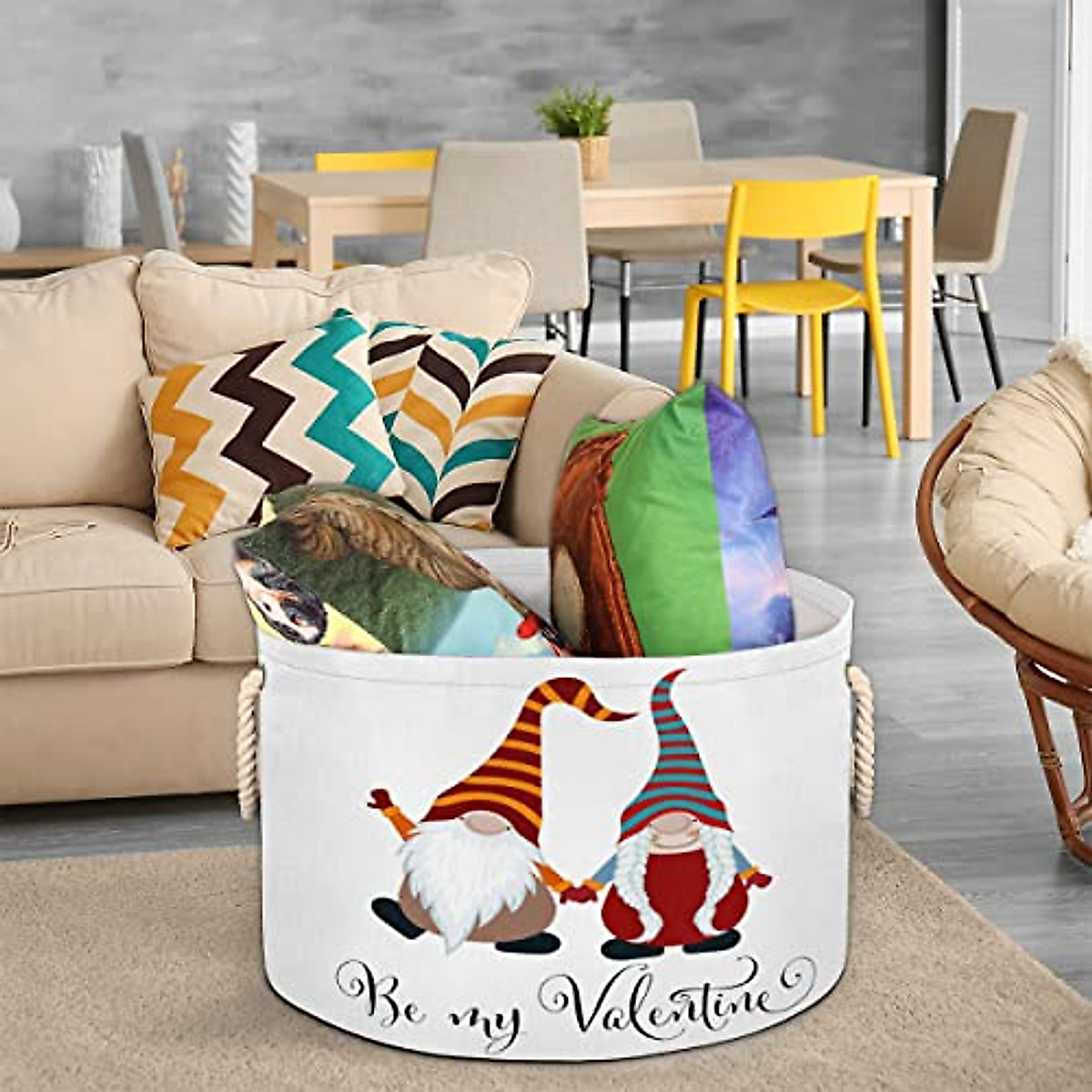 Valentine Cute Gnomes Love Heart (4) Large Round Baskets for Storage Laundry Baskets with Handles Blanket Storage Basket for Bathroom Shelves Bins for Organizing Nursery Hamper Girl Boy