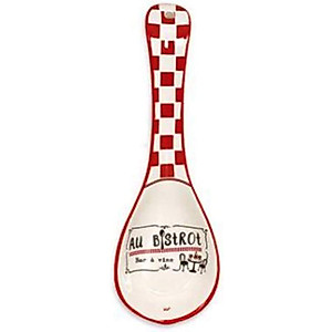 Ceramic Spoon Rest with White/Red French Bistro Design - 9.25"