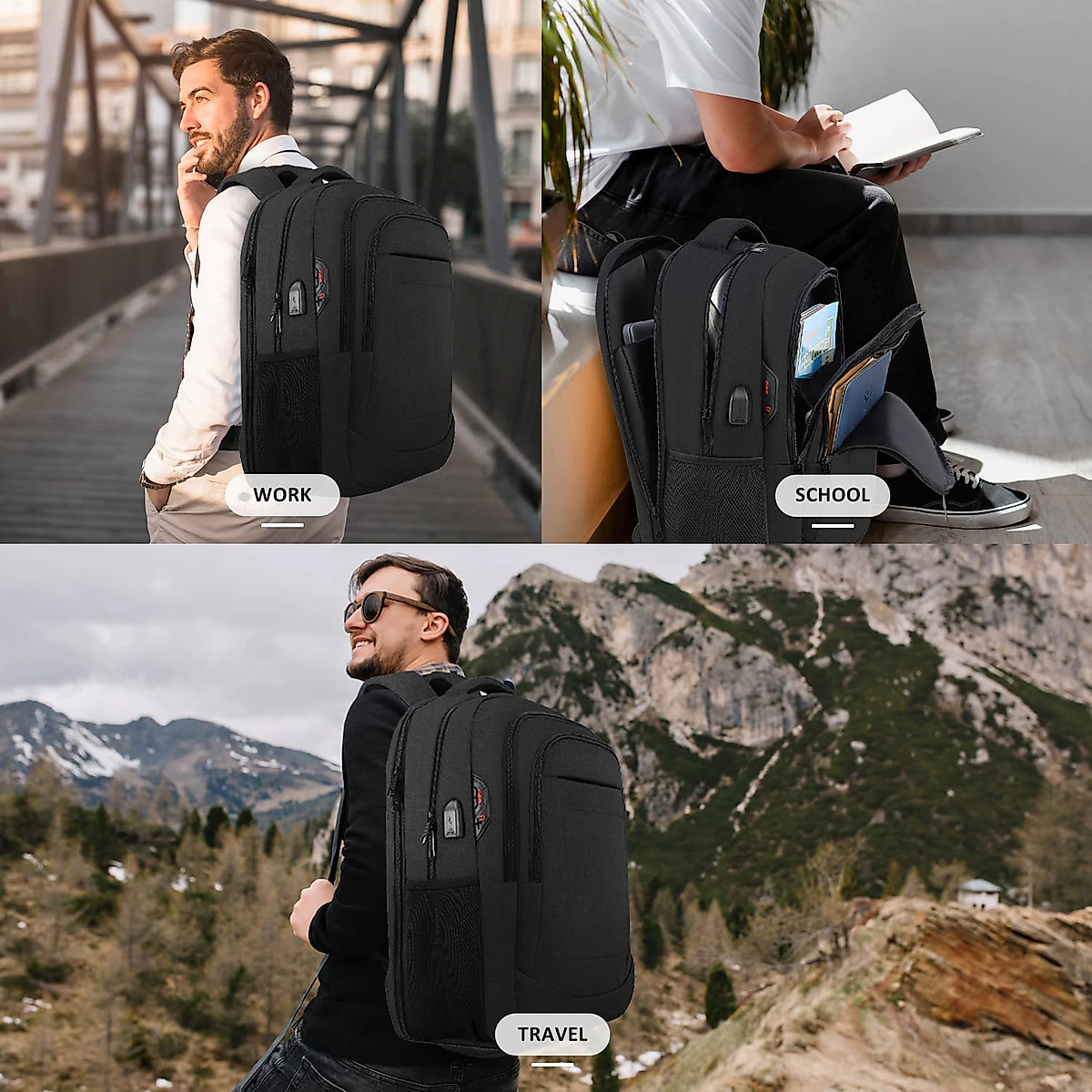 ANTERK Travel Backpack, Extra Large Laptop Backpack, TSA Business Backpack Durable 17.3 Inch School Backbag with USB Port, Anti Theft Computer Backpack Christmas Gifts for Men Women, Black