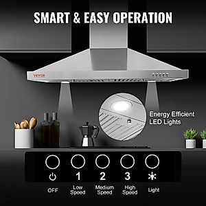 VEVOR TD1775Y-AC-I1 Wall Mount Range Hood Ducted Kitchen Stove Vent, Silver