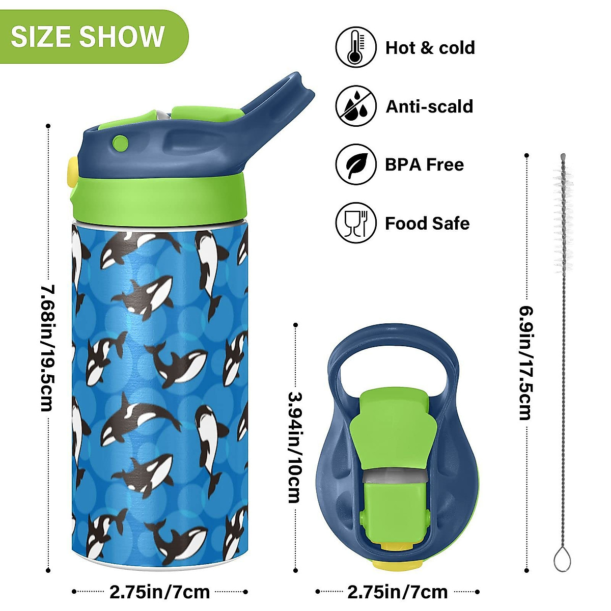 ALAZA Orca Killer Whale on Blue Background Kids Water Bottles with Lids Straw Insulated Stainless Steel Water Bottles Double Walled Leakproof Tumbler Travel Cup for Girls Boys Toddlers 12 oz / 350 ml,