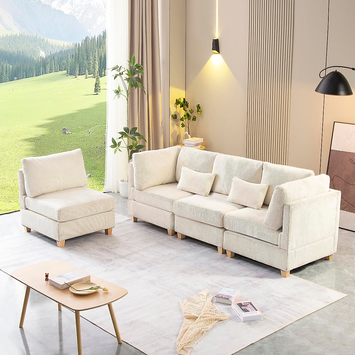 126"Modern Modular Sectional Sofa,L-Shaped Corduroy Fabric Modular Sofa with Movable Ottoman and Pillows,4 Seater Convertible Sleeper Sectional Couches for Small Living Room (Beige, 126"L-4 Seater)