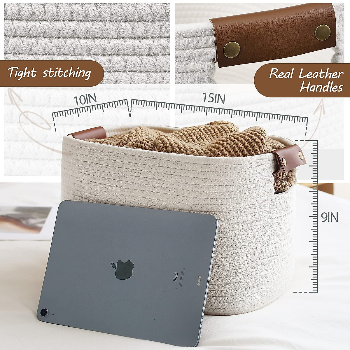 ECDYQXVU 1 Pack Cotton Rope Storage Baskets,15x10x9in,Collapsible Storage Bins, Decorative Woven Basket Cube Storage Organizer for Nursery, Laundry, Towel, Clothes, Cosmetics, Books(White)