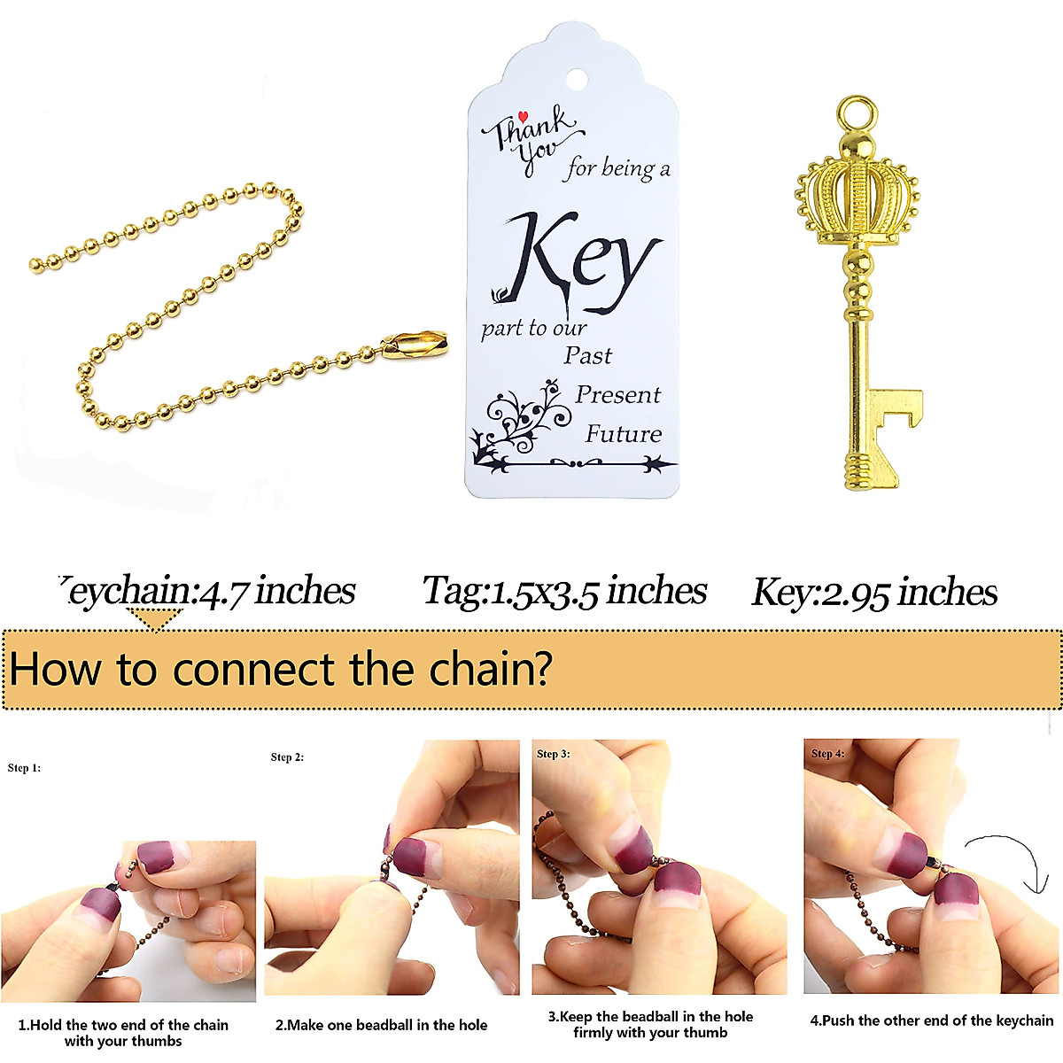 Aokbean 52 pcs Crown Key Bottle Opener with Tag and Keychain,Vintage Skeleton Key Bottle Opener for Wedding Party Favors (Gold)