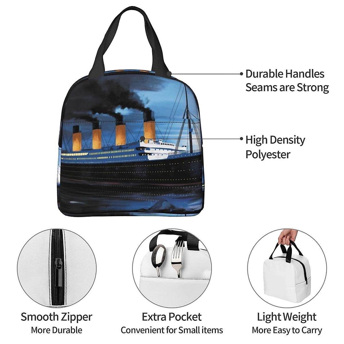 Titanic Lunch Bag for Men Women Tote Insulated Cooler Bags Reusable Lunch Box 8.5x5 Inch for College Work Office Picnic