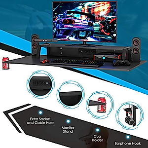 Tangkula Gaming Desk and Chair Set, Ergonomic E-Sport Gamer Desk & Racing Chair Set w/Cup Holder, Monitor Stand, Earphone Hook, Massage & Headrest, Home Office Computer Desk Chair Set (Red)