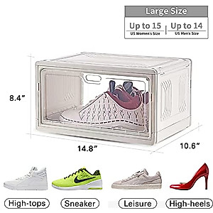 VOKEEH 3 pack Large Shoe Organizer, Stackable Plastic Shoe Storage Boxes for Closet, Multi-Role Shoe Rack with Clear Door, Easy Assembly for Display Sneakers, Fit Shoe Size Up to US Men 14, Women 15